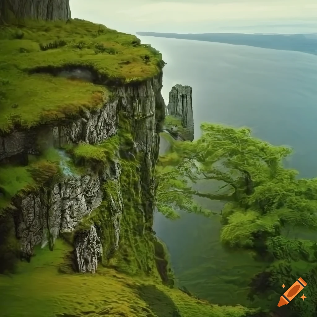 Top-down view of vast overgrown castles and ruins in a lush forest with rocky cliffs on Craiyon