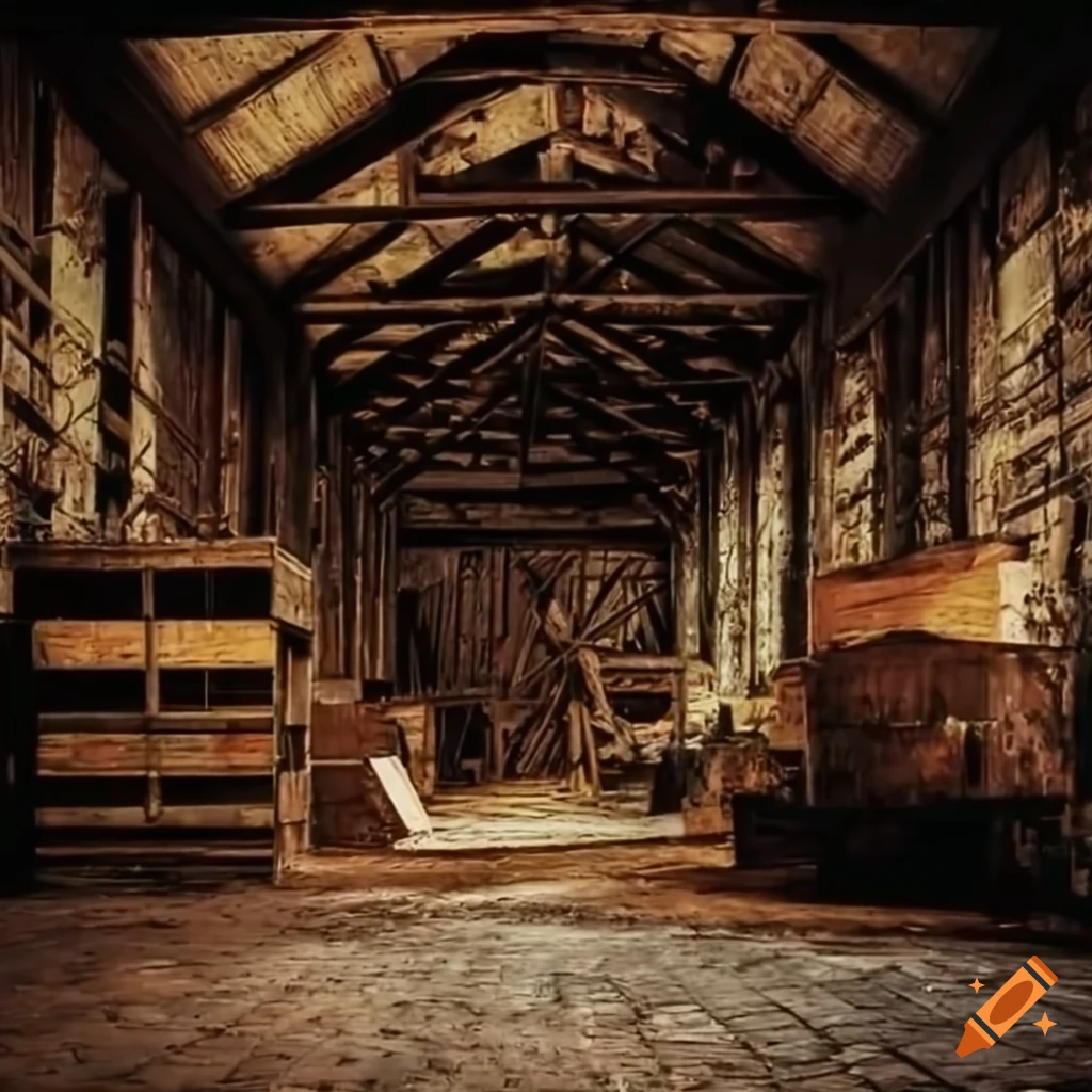 Vintage wooden warehouse with crates and machinery on Craiyon