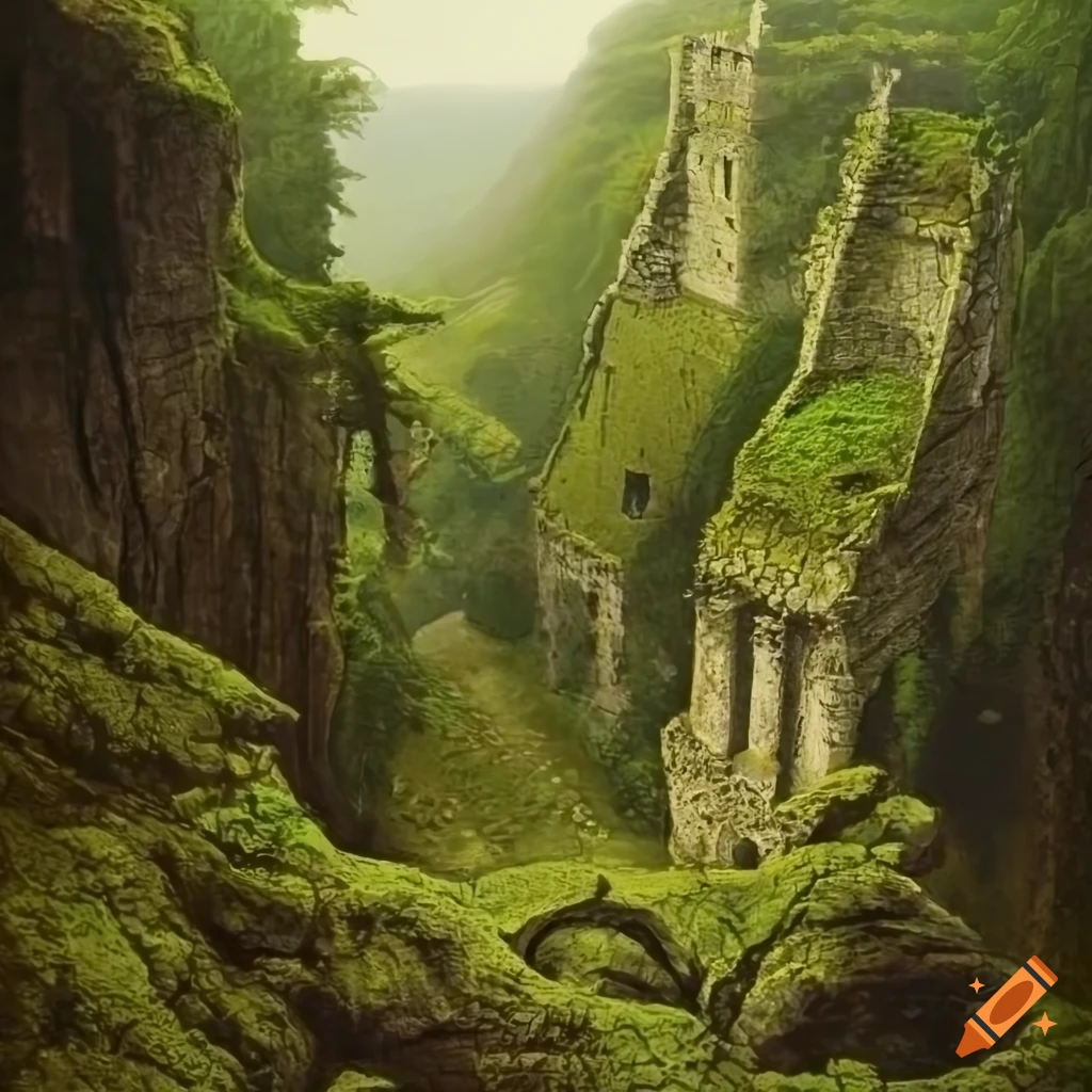 Top-down view of vast overgrown castles and ruins in a lush forest with rocky cliffs on Craiyon
