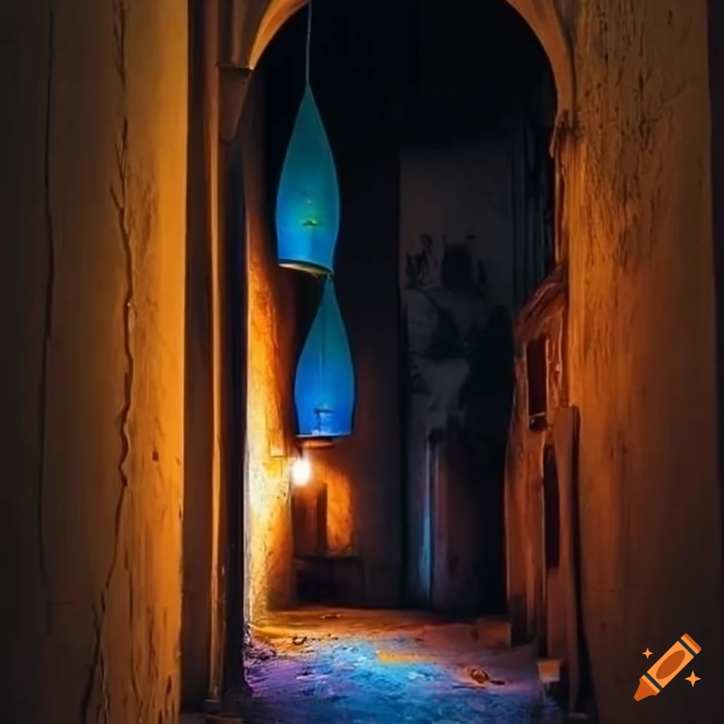 Dark alley with lighted lanterns in an Iranian neighborhood on Craiyon