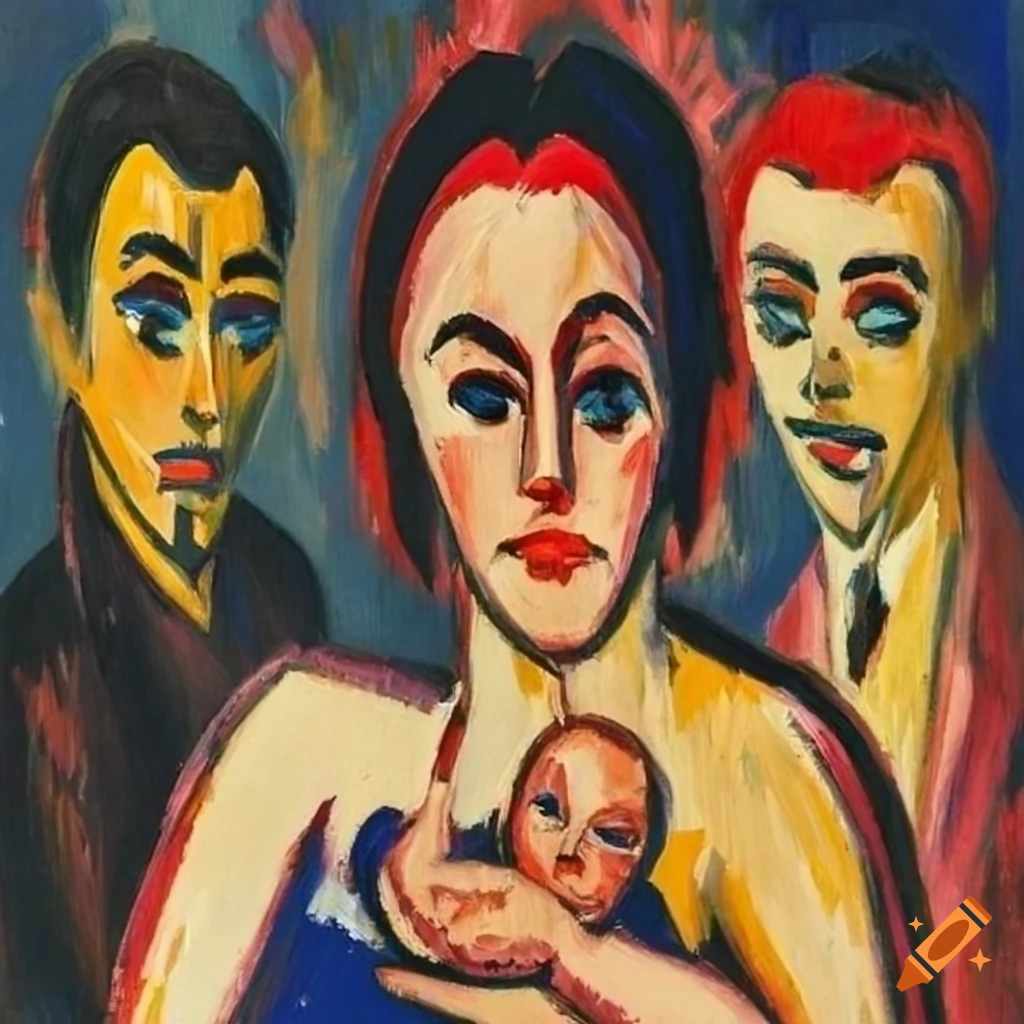 Woman with infant child and male figures in the style of ernst ludwig ...