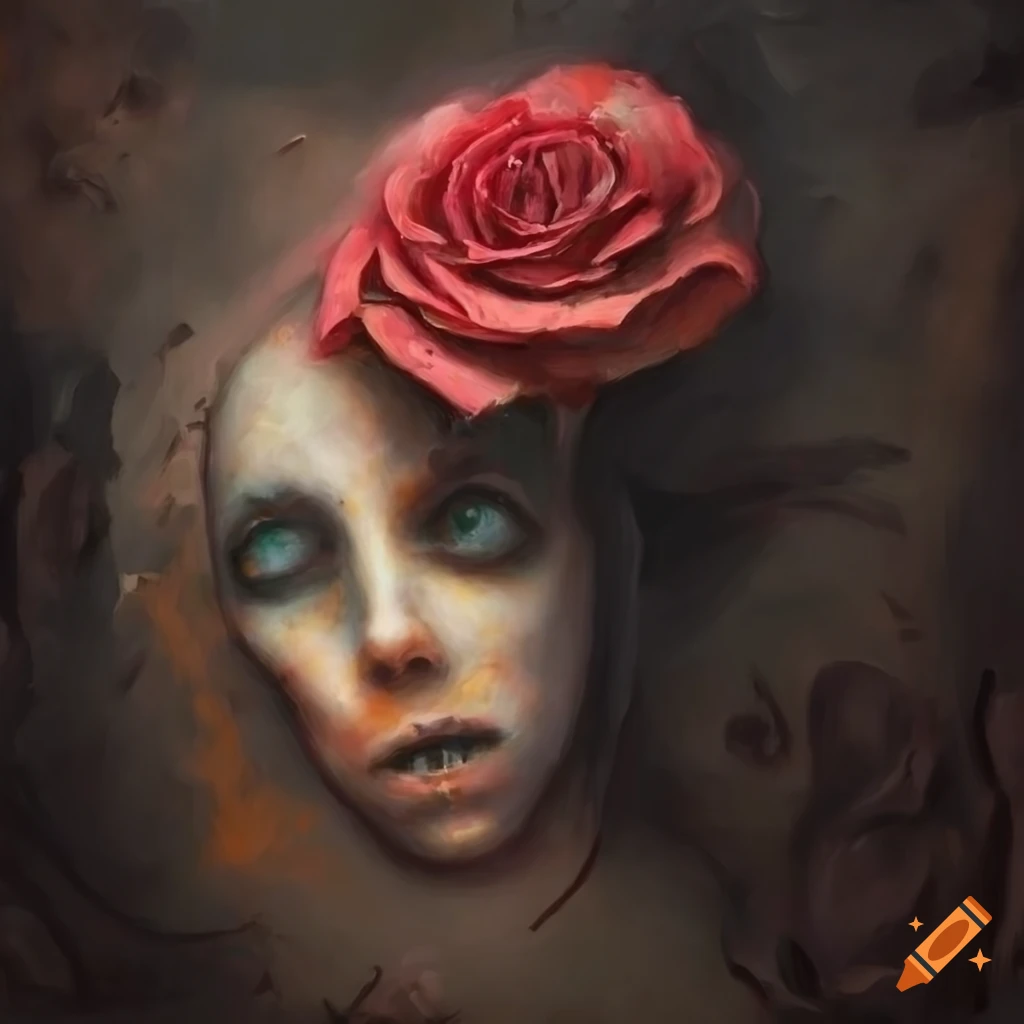 Creepy surrealistic oil painting of a rose in a destroyed background on ...