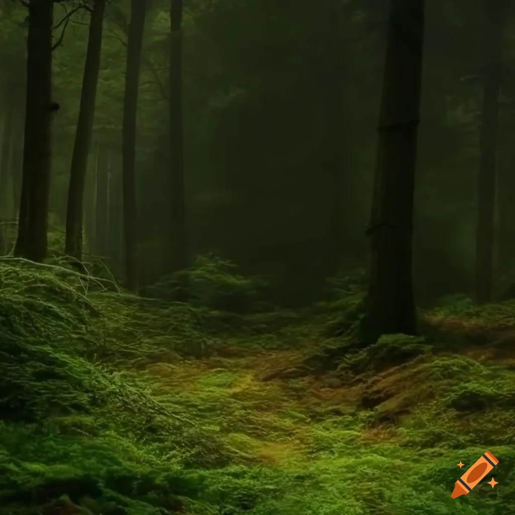 Scenic forest view with dramatic lighting and misty atmosphere on Craiyon