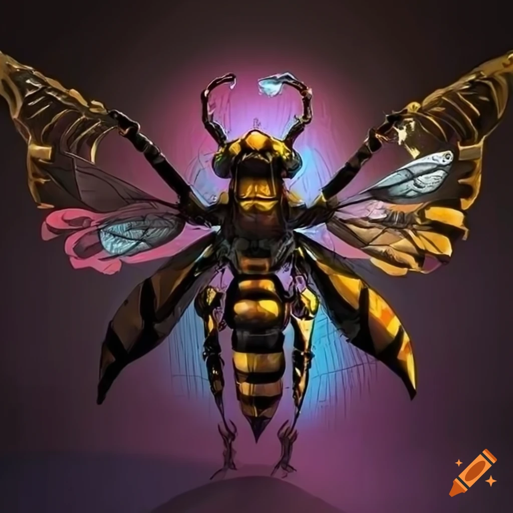 Futuristic bees with metallic armor and long stingers in heavy metal ...