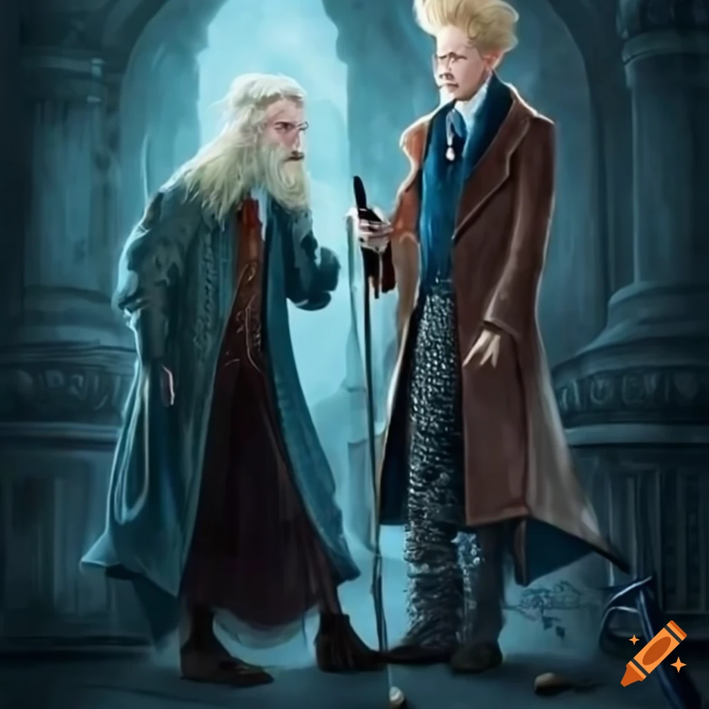Gellert grindelwald and albus dumbledore in a magical duel on Craiyon