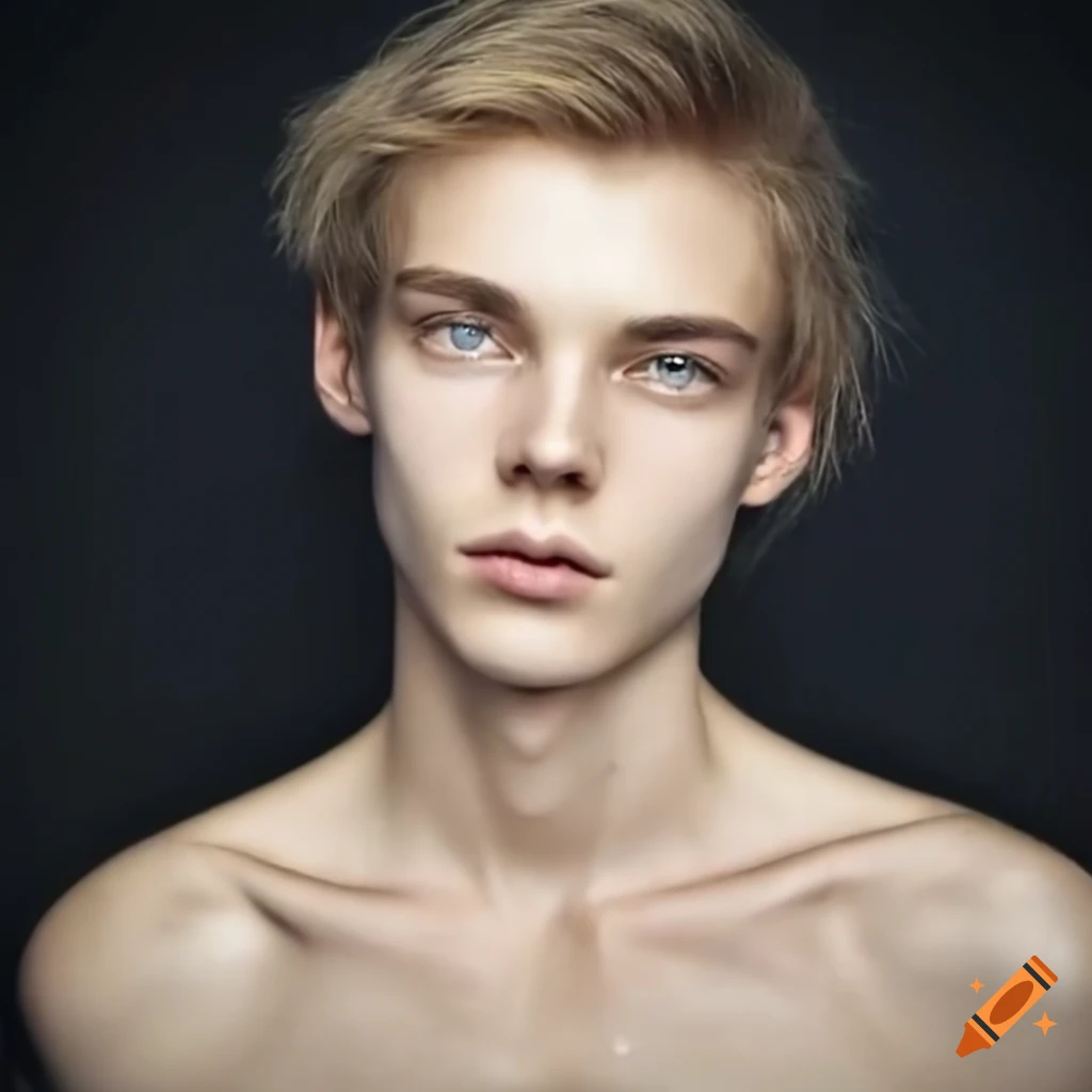 Young man with pale skin, caramel blonde hair, and pale blue-grey eyes on Craiyon