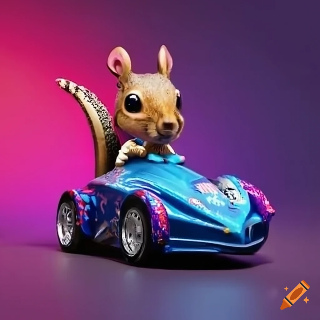 Joyful squirrel driving a racing car with red bull stickers on Craiyon