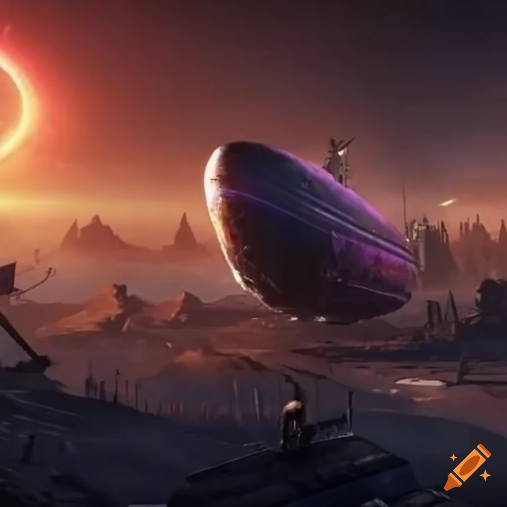 Zeppelin in cyberpunk style surrounded by electrical halo over a ...