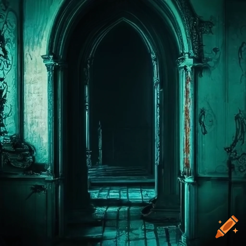 Dark and mysterious hall in an old haunted mansion with stone walls and ...