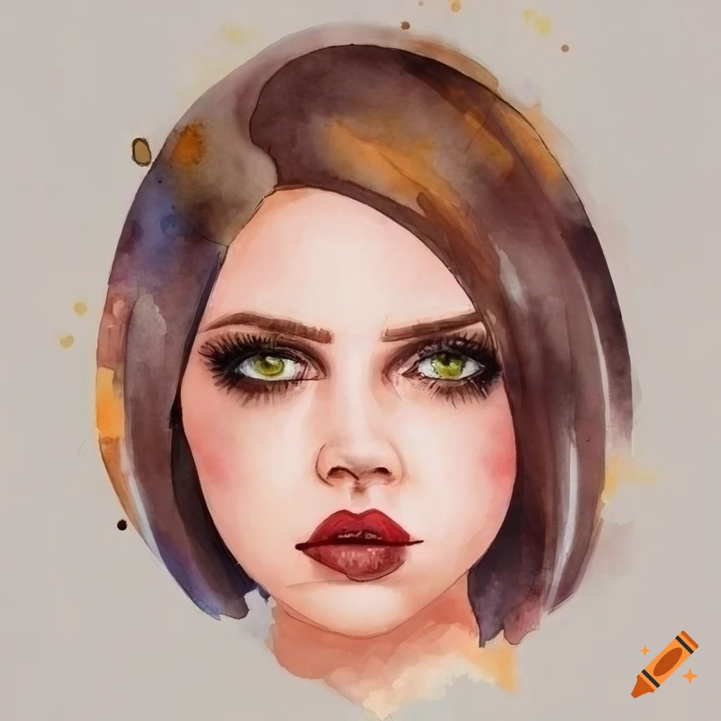 Watercolor portrait of a woman with diamond face, dark brown upturned ...