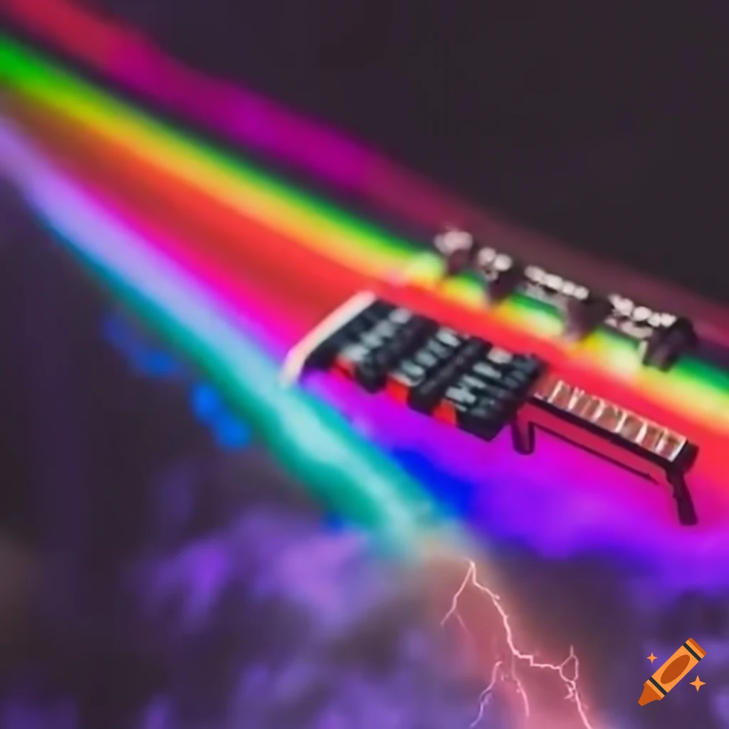 Keytar on a stage amidst rainbow colored lightning storm on Craiyon
