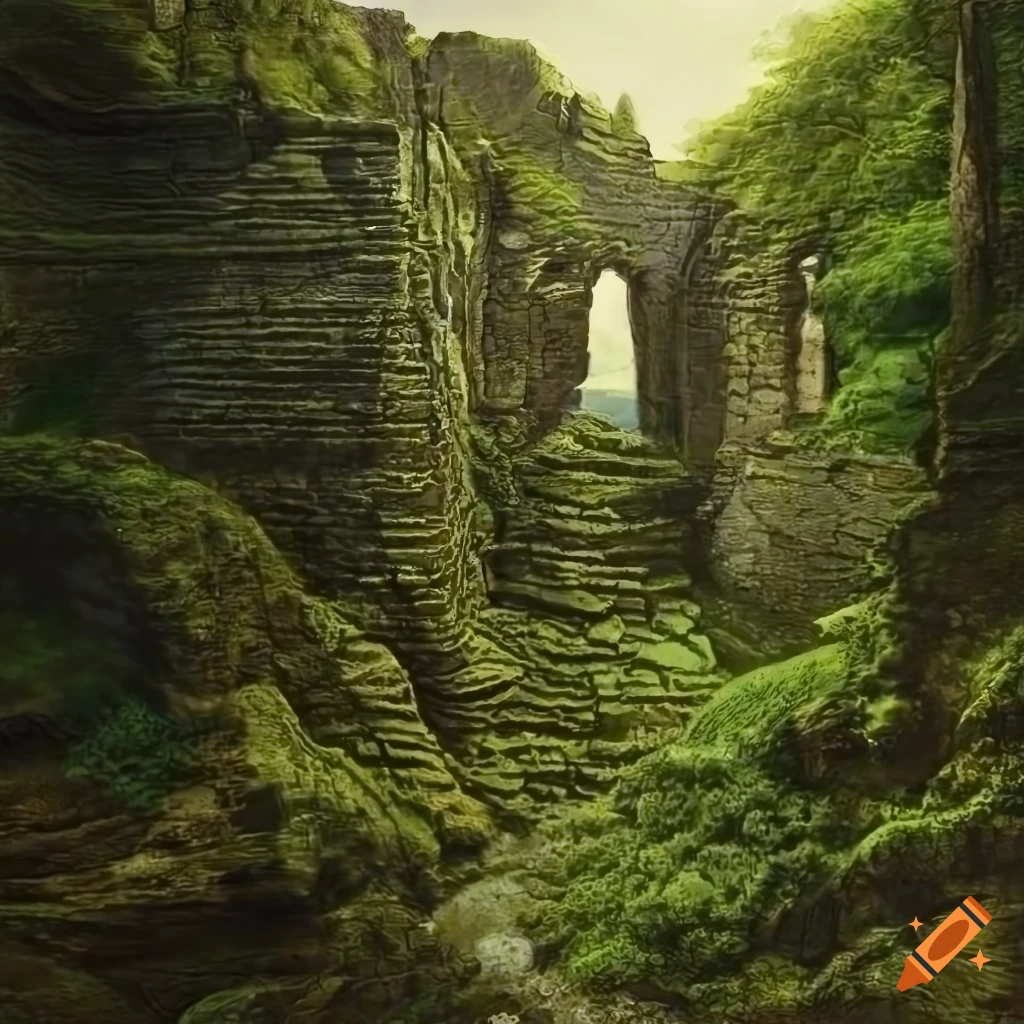 Bird's eye view of vast overgrown castles and ruins in lush forest with rocky cliffs on Craiyon