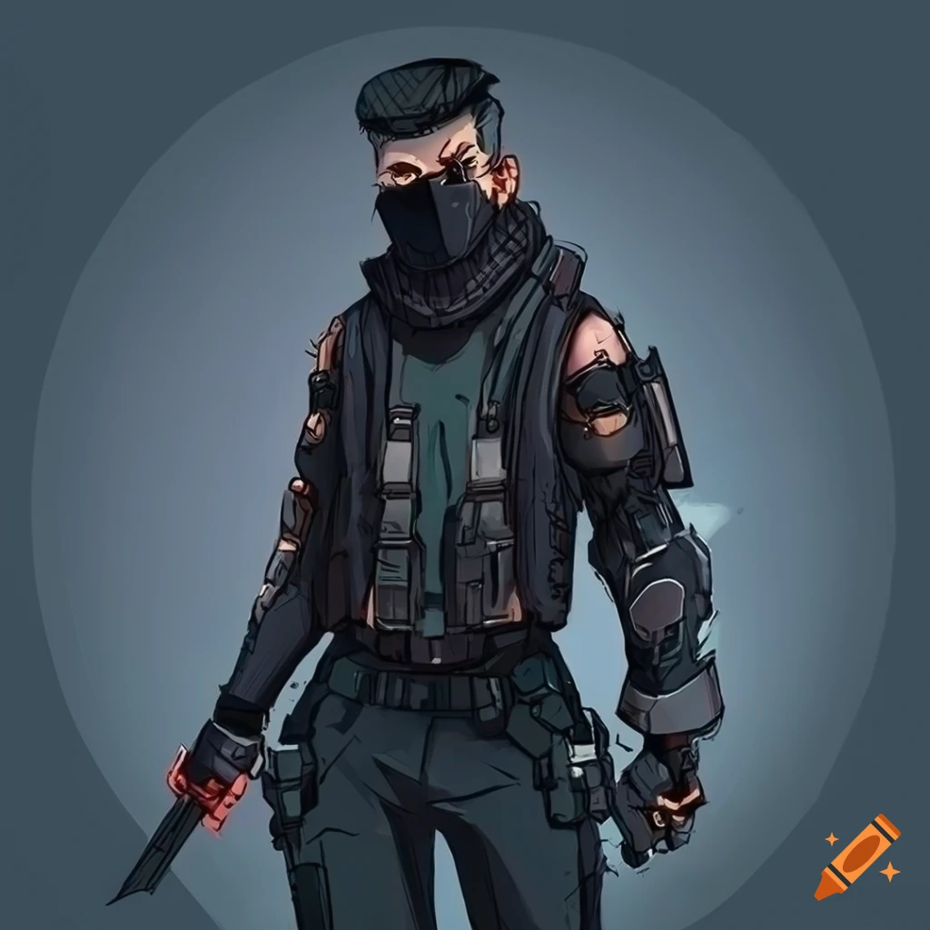 Cyberpunk character with techwear, sword, pistol, and cybernetic arm in ...