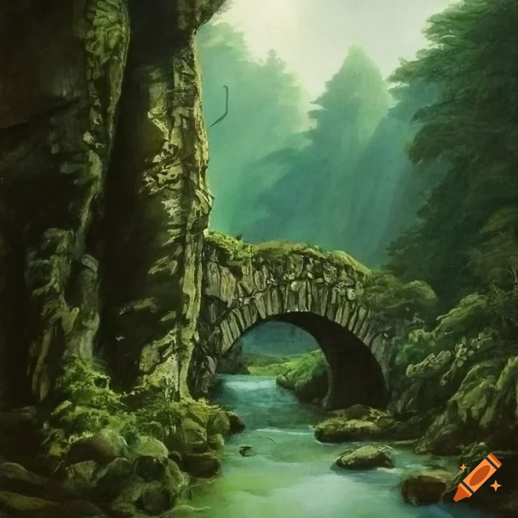 Ancient giant bridge overgrown with lush forest and rocky cliffs in northern nature on Craiyon