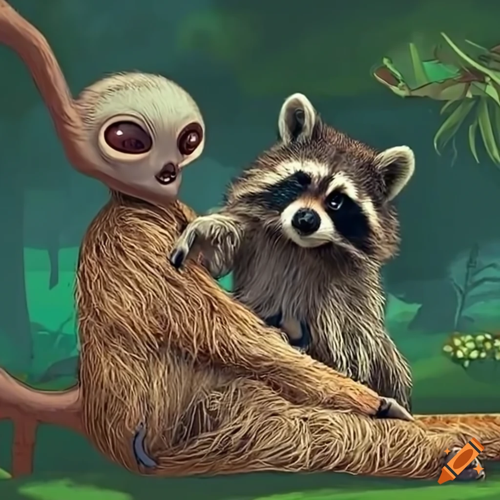 Alien, raccoon, and sloth sharing a picnic in an interspecies ...