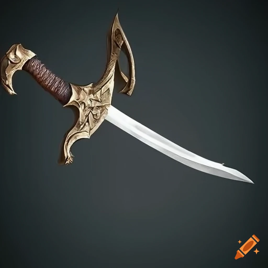 Fantasy scimitar with serrated blade and iron elven ears hilt on Craiyon