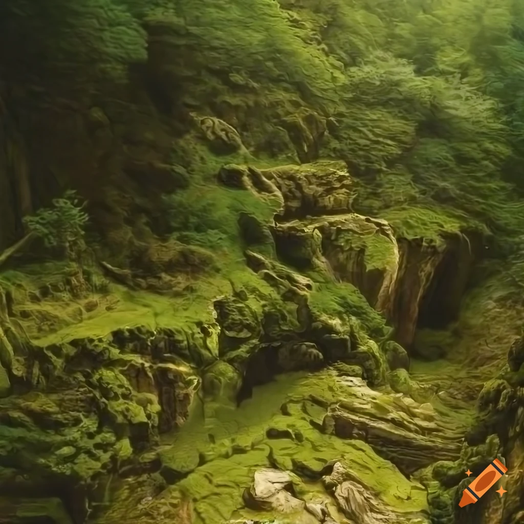 Aerial view of vast castles and ruins in a lush forest with rocky cliffs in a northern nature ...