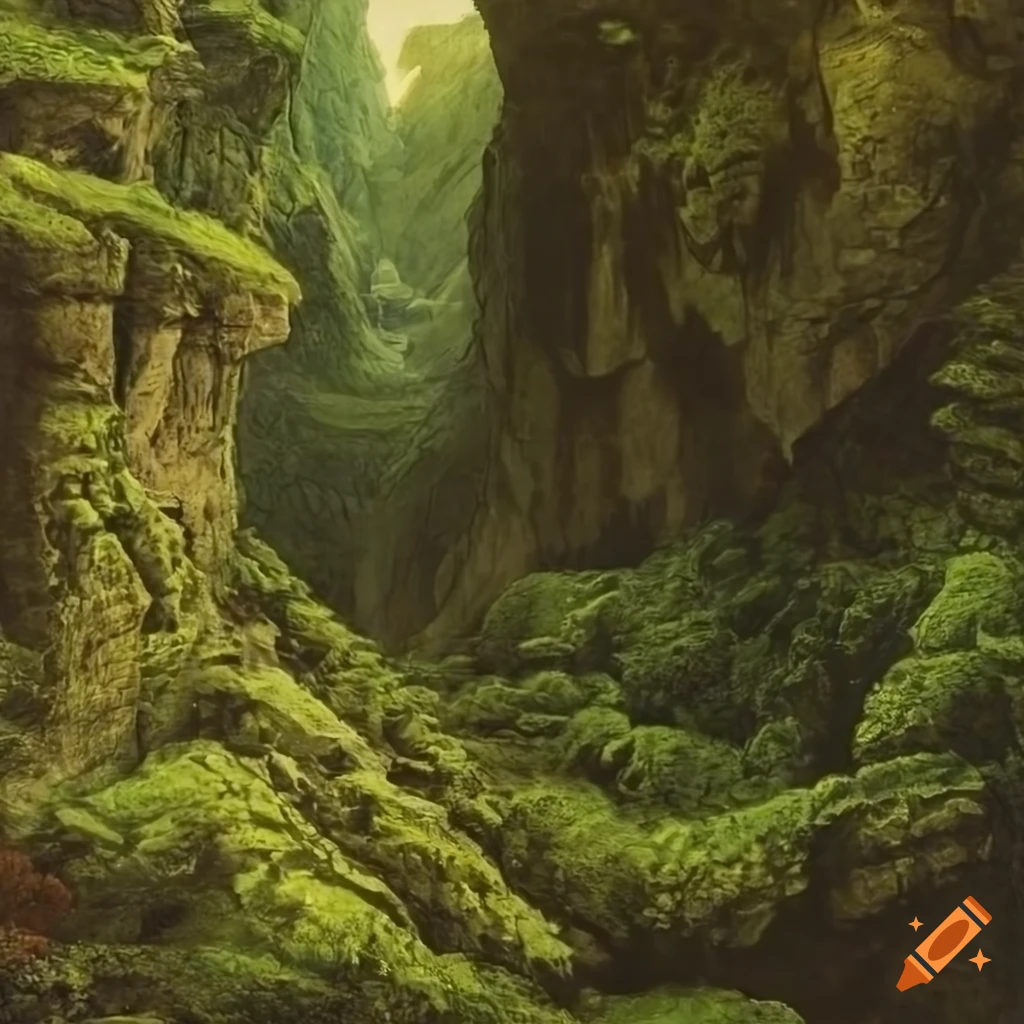 Aerial view of vast castles and ruins in a lush forest with rocky cliffs in a northern nature ...