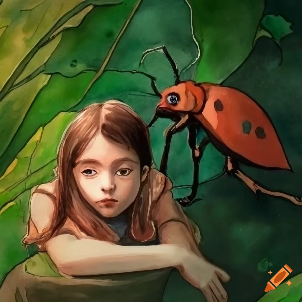 Insect girl and large bug on a leaf in a whimsical watercolor ...