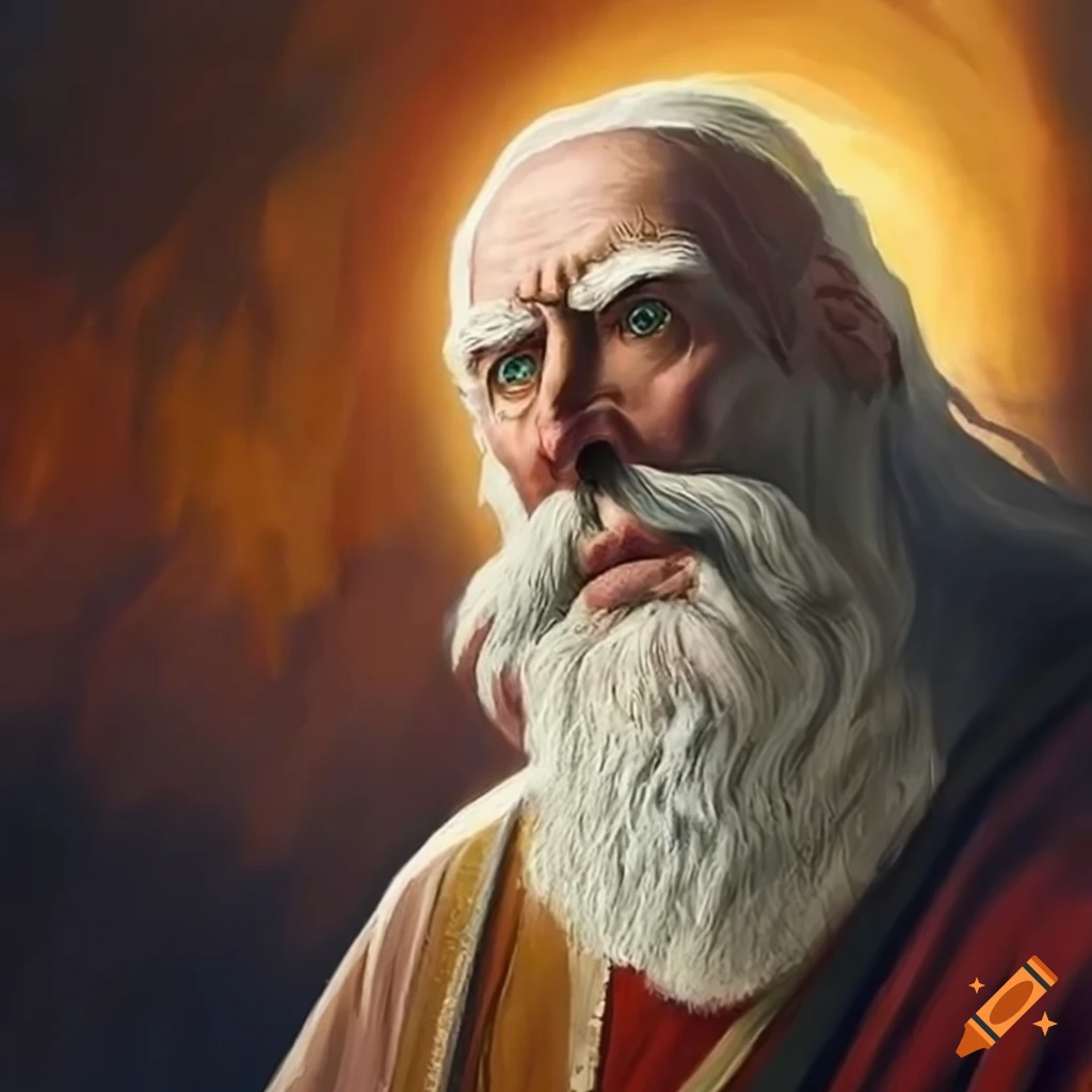 Hyper-realistic portrayal of moses with a white beard and blue head ...