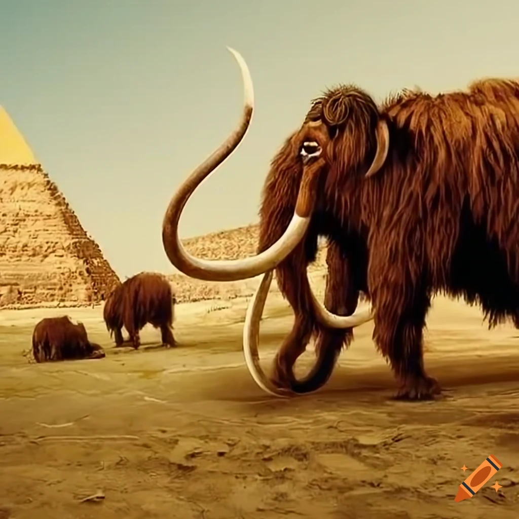 Woolly mammoths with googly eyes near ancient Egyptian pyramids on Craiyon