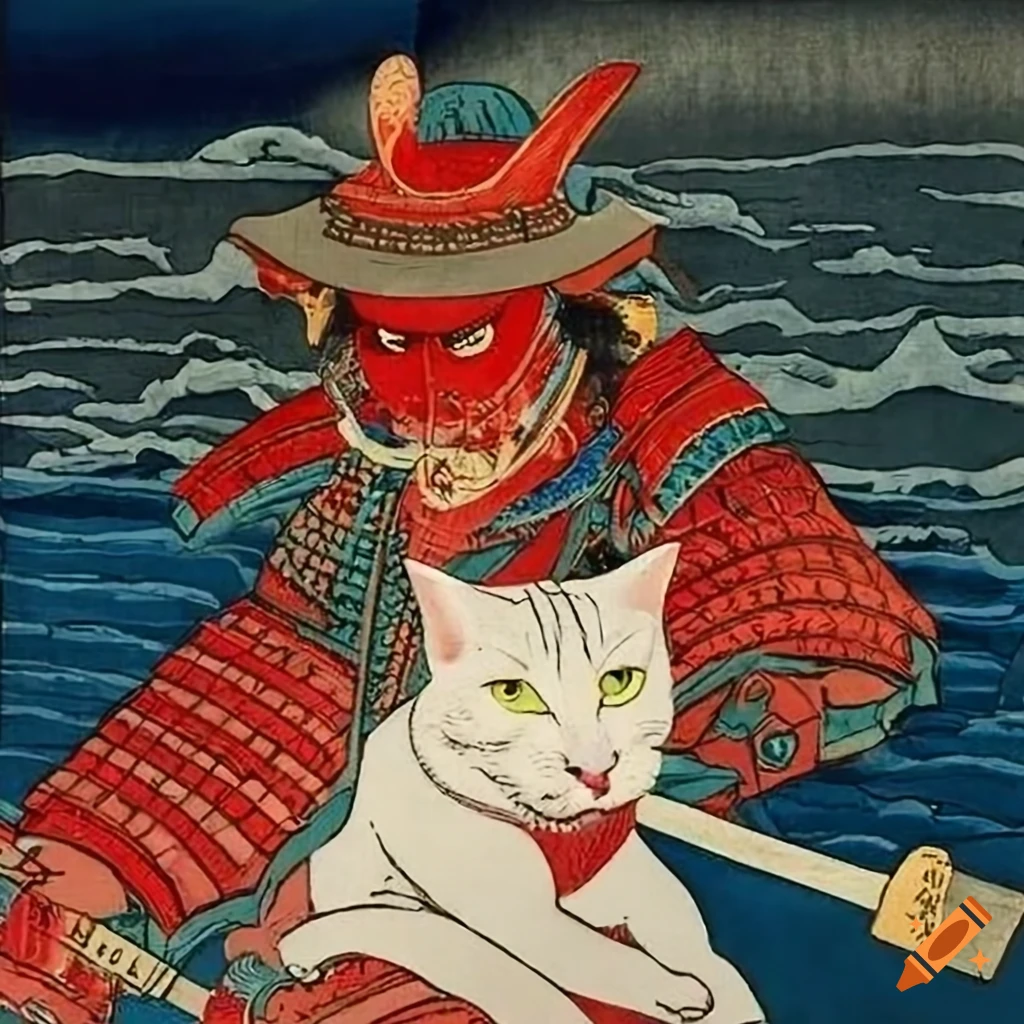 Ukiyo-e woodblock print of red samurai with white cat at sea under stormy sky on Craiyon