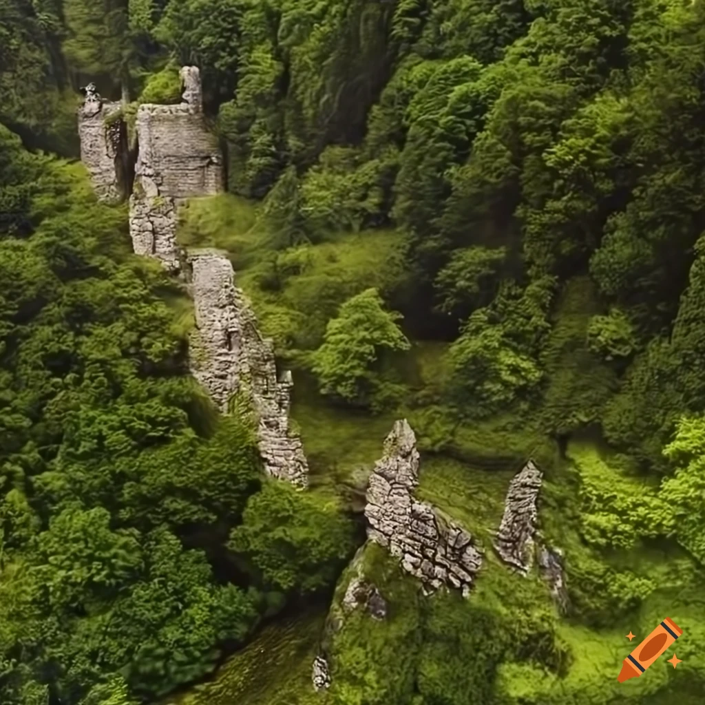 Top-down view of vast ancient giant bridge castle ruins on rocky cliffs with overgrown ...