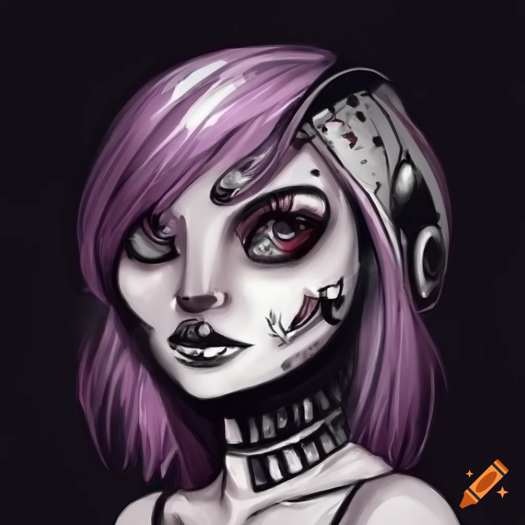 Female diesel-punk android anthro-owl portrait in ink sketch on Craiyon