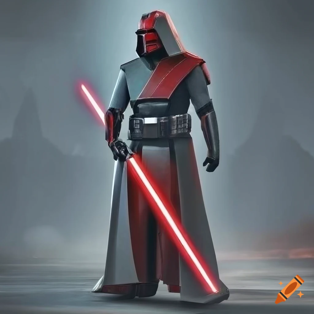 Unique and menacing sith lord in combat pose with wide-blade lightsaber ...