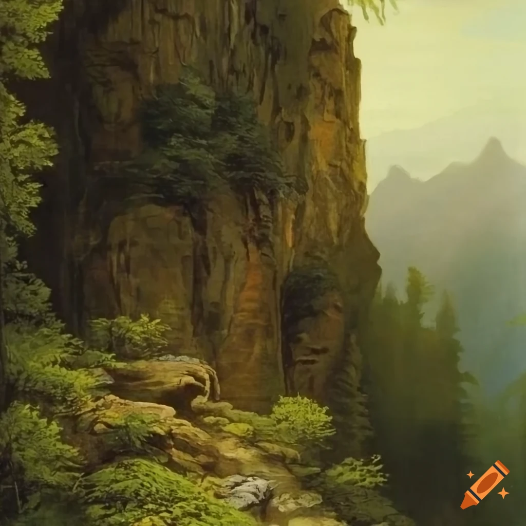 Mountain cliff view overlooking a lush forest inspired by Ted Nasmith ...