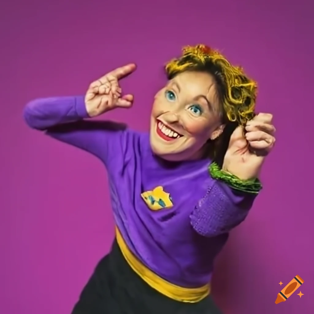 The Purple Wiggle dancing with Rose in a joyful moment on Craiyon