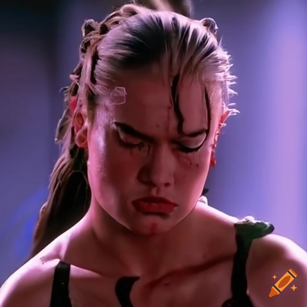 Bruised and bloodied fighter with intense expression in a movie scene ...