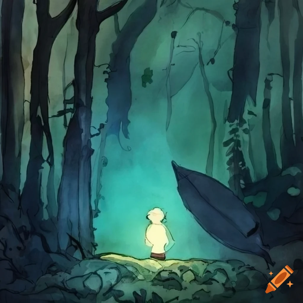 Insect girl glowing in a dark forest sitting on a leaf in Ghibli Studio ...