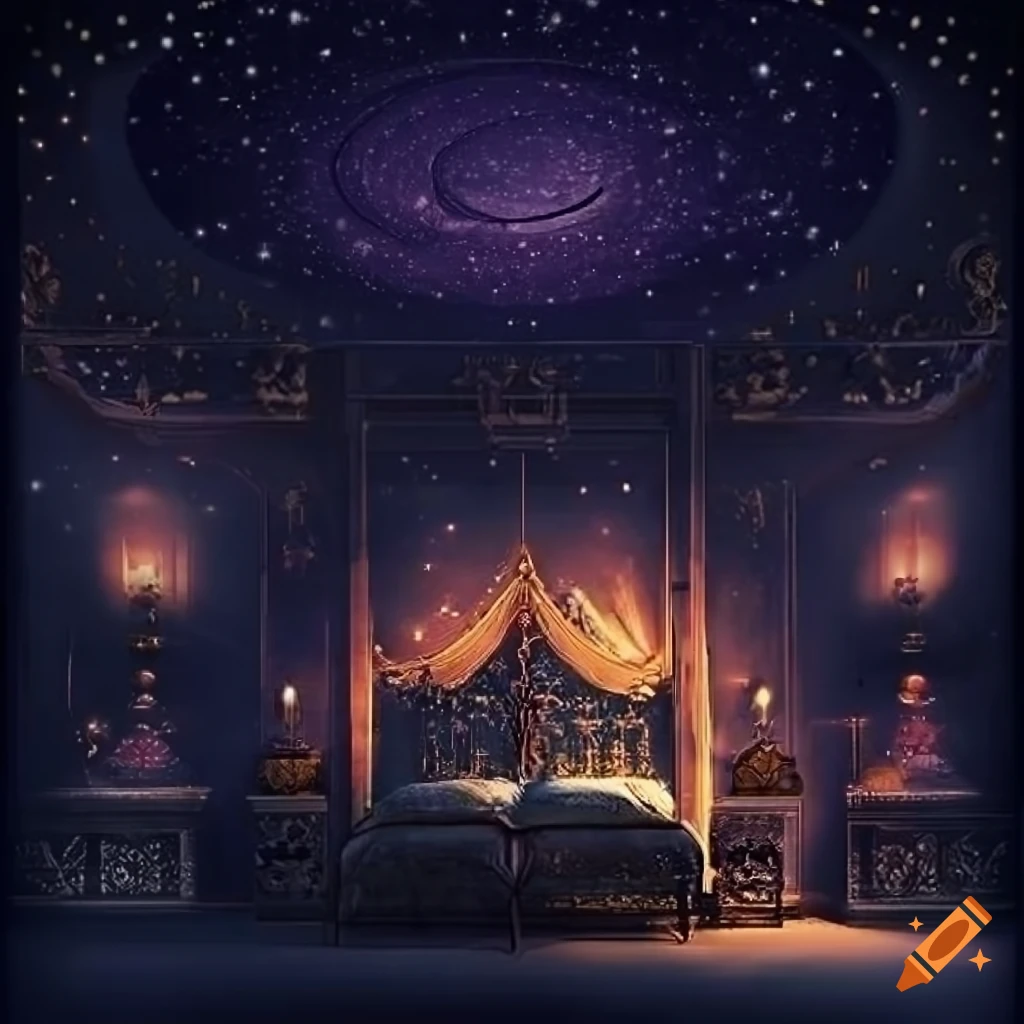Nighttime setting in a room with royal decor and starry night sky view ...