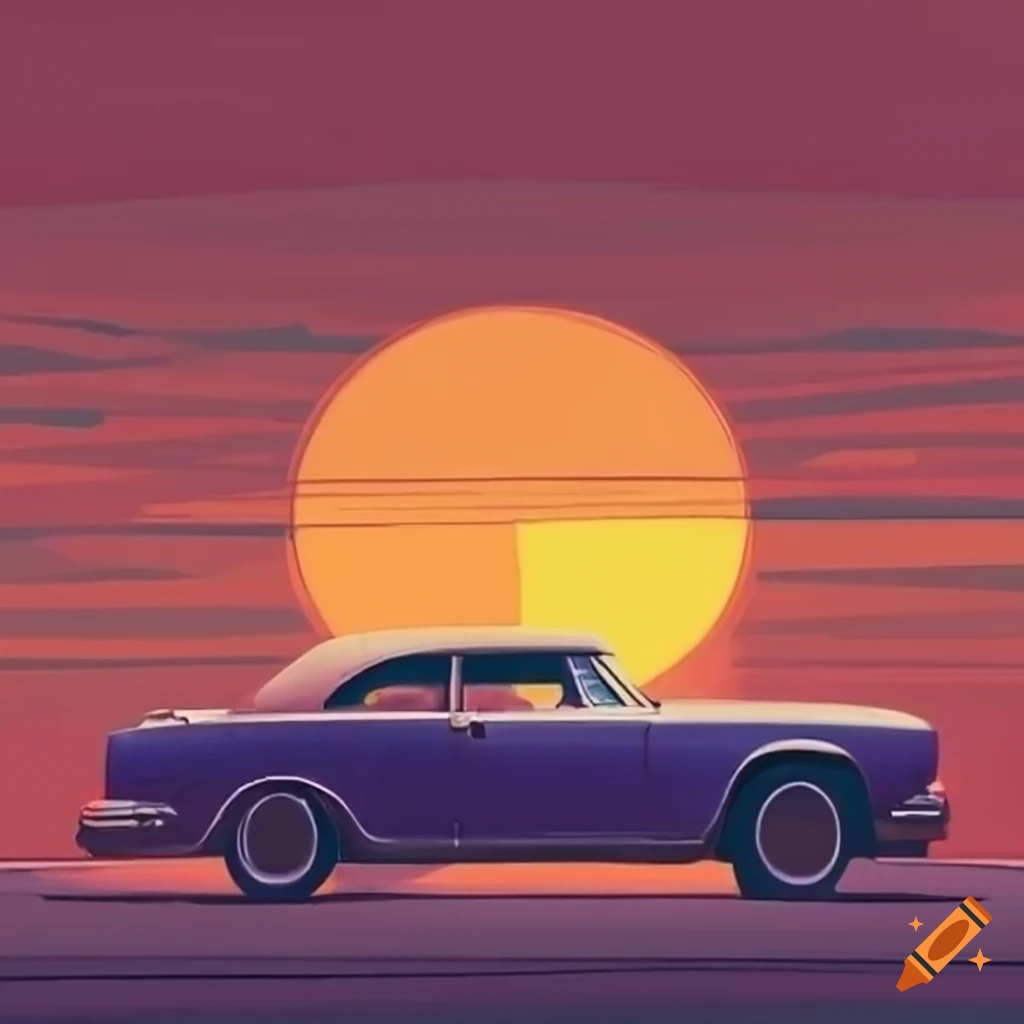 Old car driving into the sunset in 70s art style on Craiyon