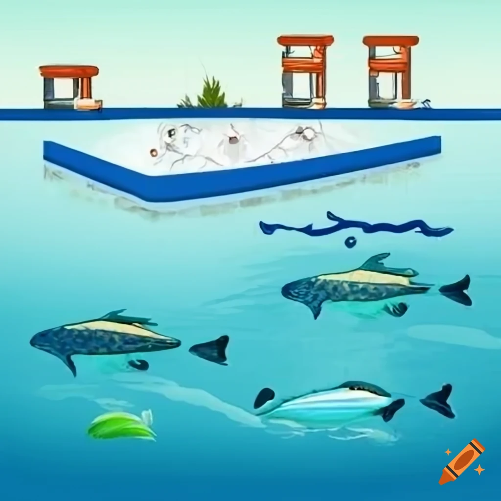 Illustration of a detailed modern fish farming system with water basins ...