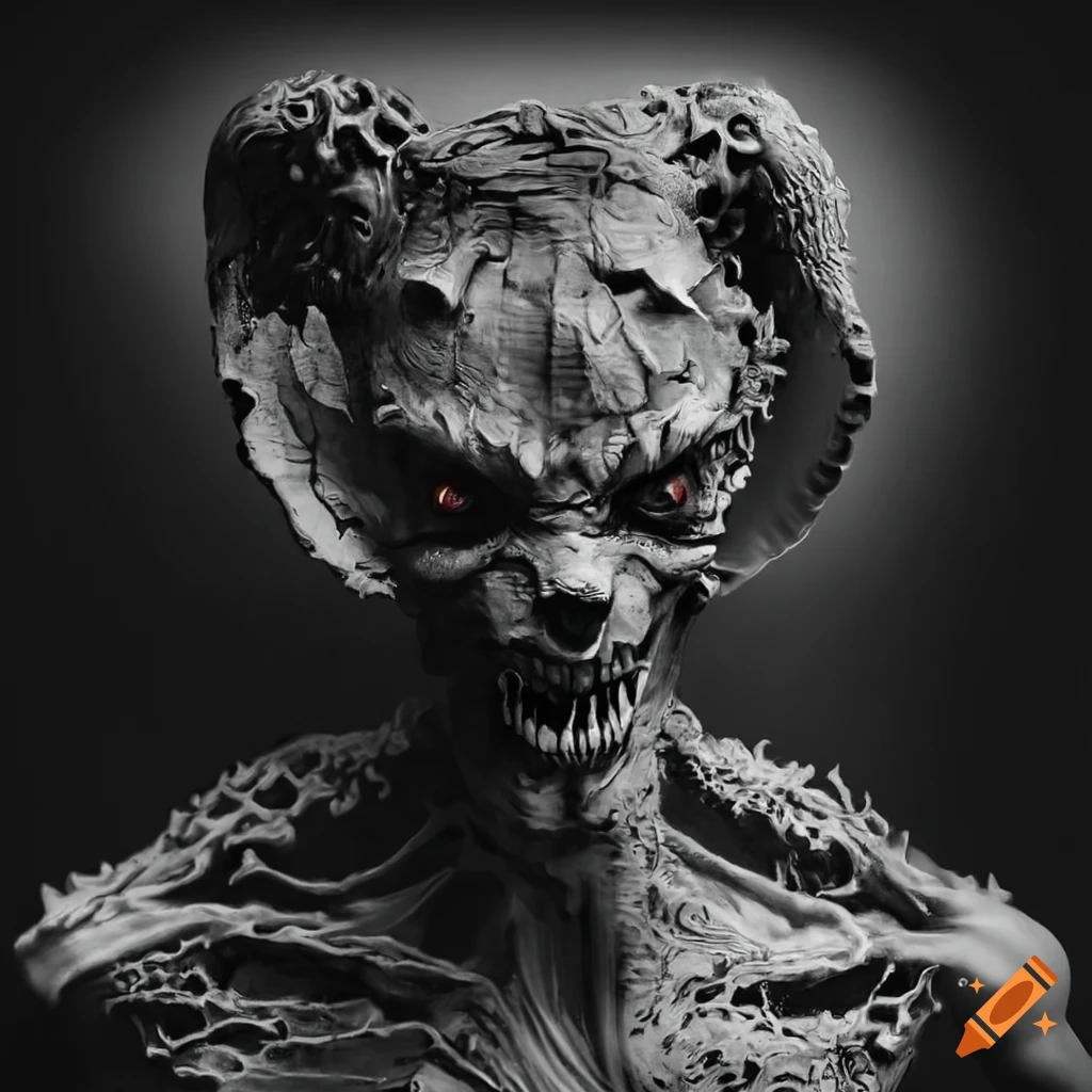 Detailed black and white artwork of a demonic figure with expressive ...