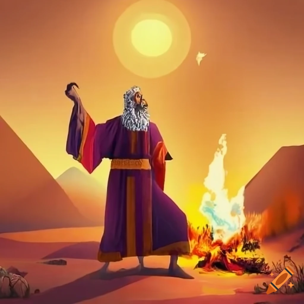 Moses encountering the burning bush in the arabian desert on Craiyon