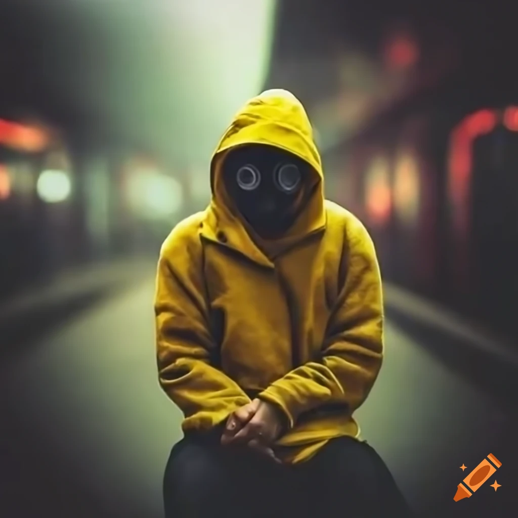Man in a yellow hoodie and gas mask at a subway stop with vapor around ...
