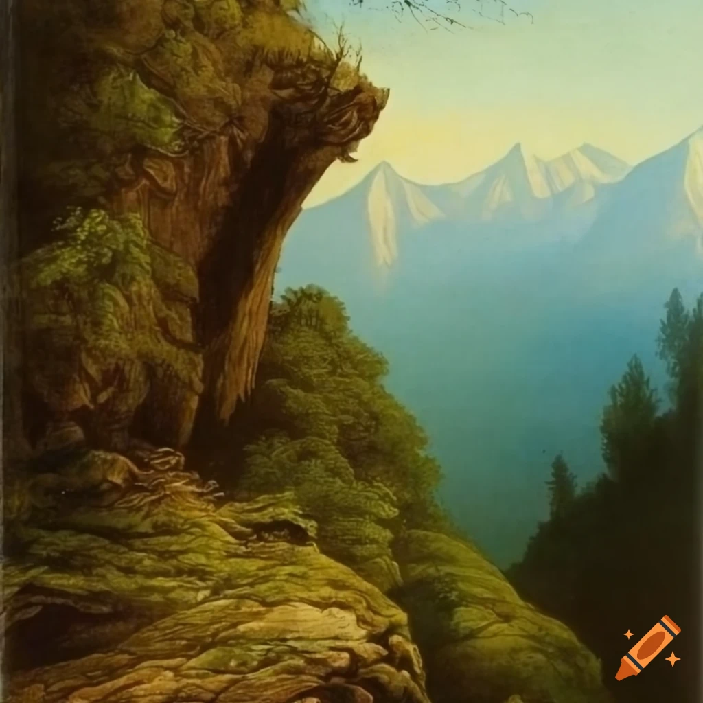 Mountain cliff view of a lush forest inspired by Ted Nasmith, John Howe ...