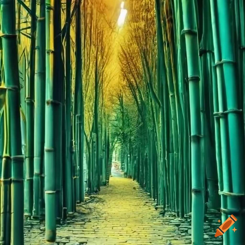 Bright alleyway with colorful bamboo in yellow, orange, and cyan hues ...