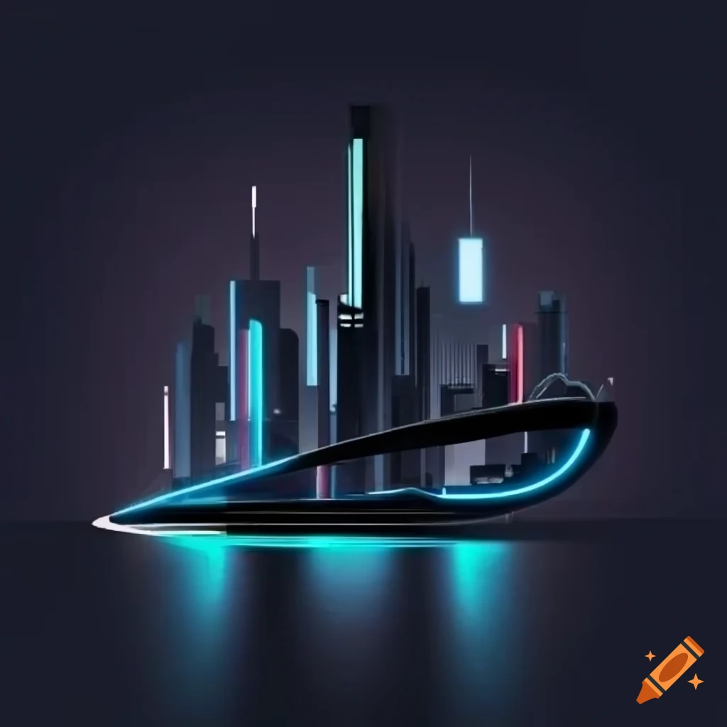 Jet-black cityscape with neon lights and futuristic T-shaped elements ...