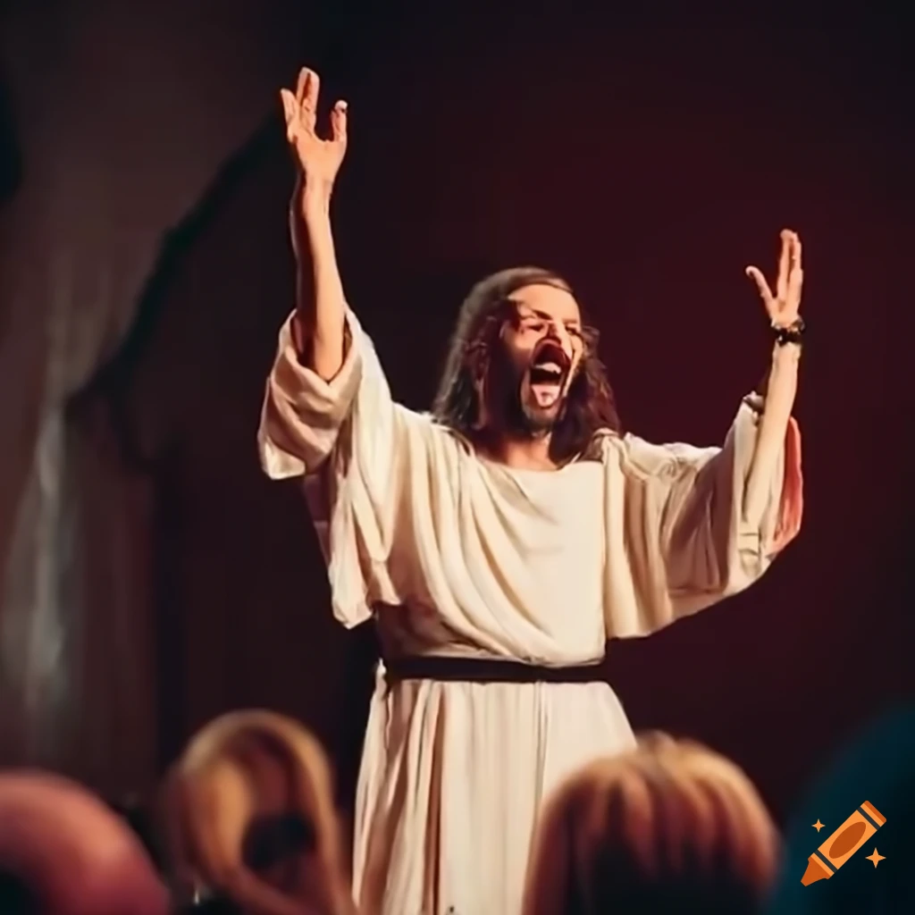 Jesus christ laughing on stage telling jokes to an audience on Craiyon