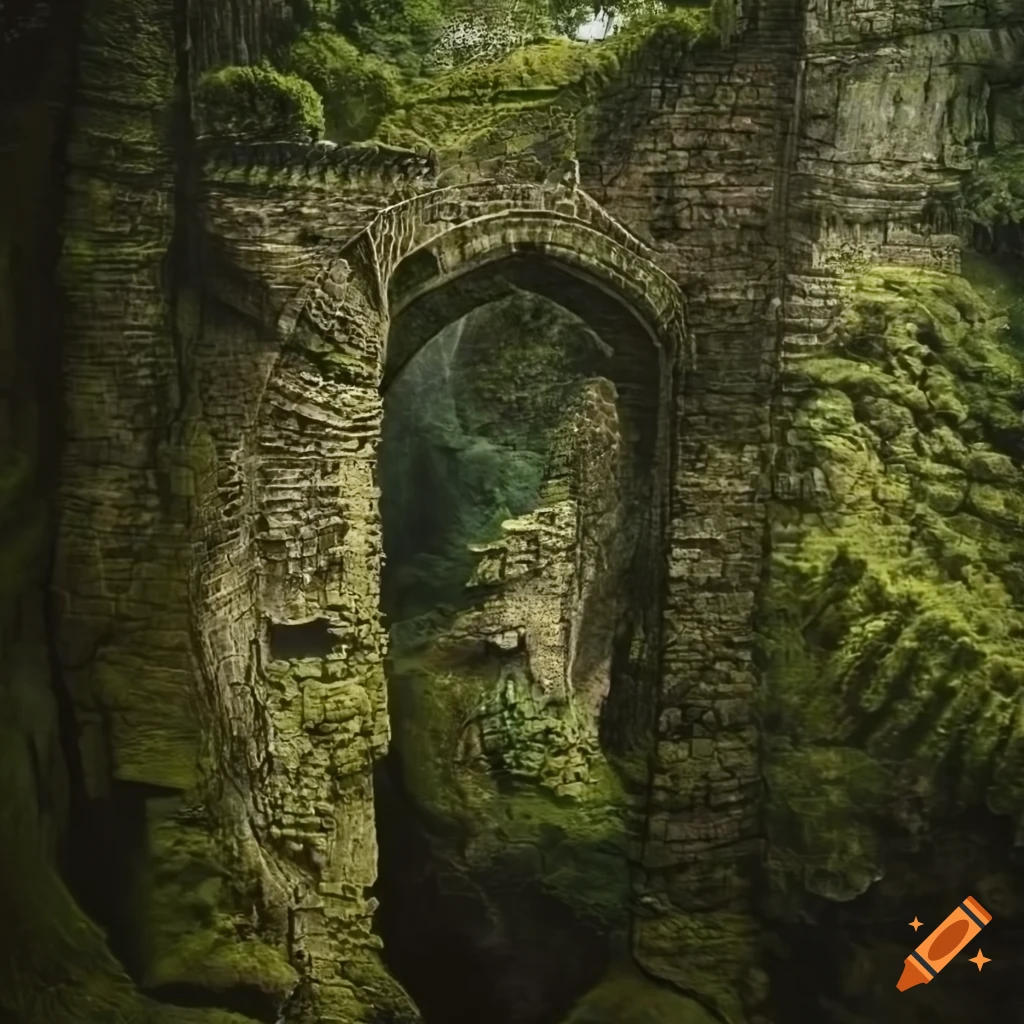 Top-down view of ancient castle ruins on rocky cliffs in lush forest setting on Craiyon