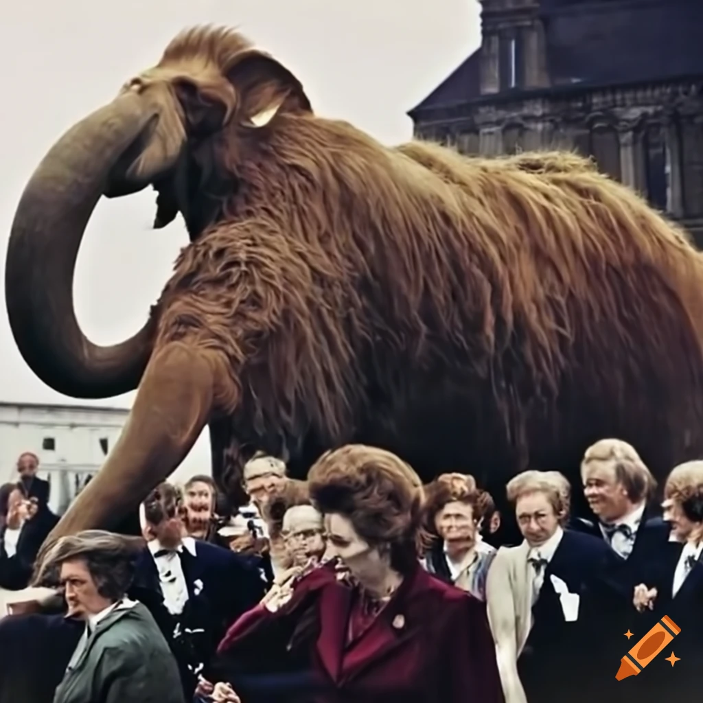 Margaret Thatcher riding a woolly mammoth in a historical setting on ...