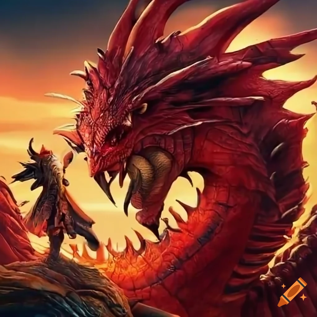 Heroic scene of a red dragon battling a horde of minions on Craiyon
