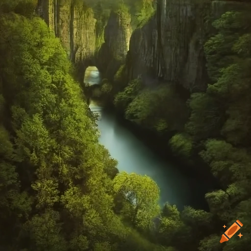 Top-down view of vast ancient giant bridge castle ruins on rocky cliffs with overgrown ...