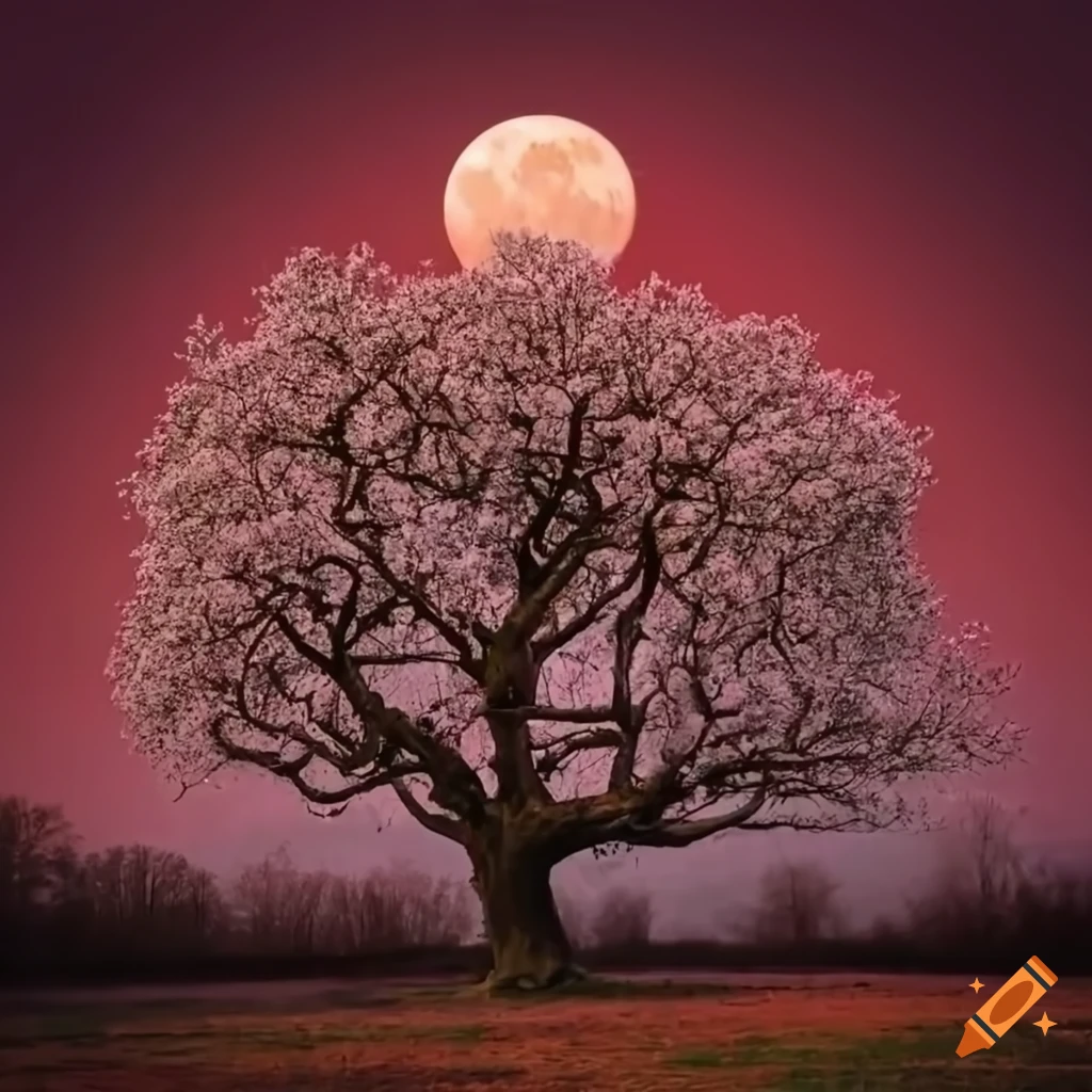Majestic tree in bloom under a radiant red moon in an enchanting ...