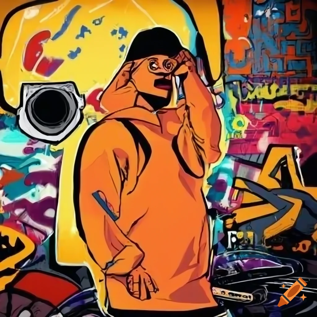 Cartoon rapper performing in urban setting with boom boxes and graffiti ...