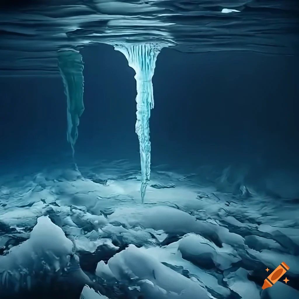 Vertical stalactite in the Antarctic ocean touching the oceanic bottom ...